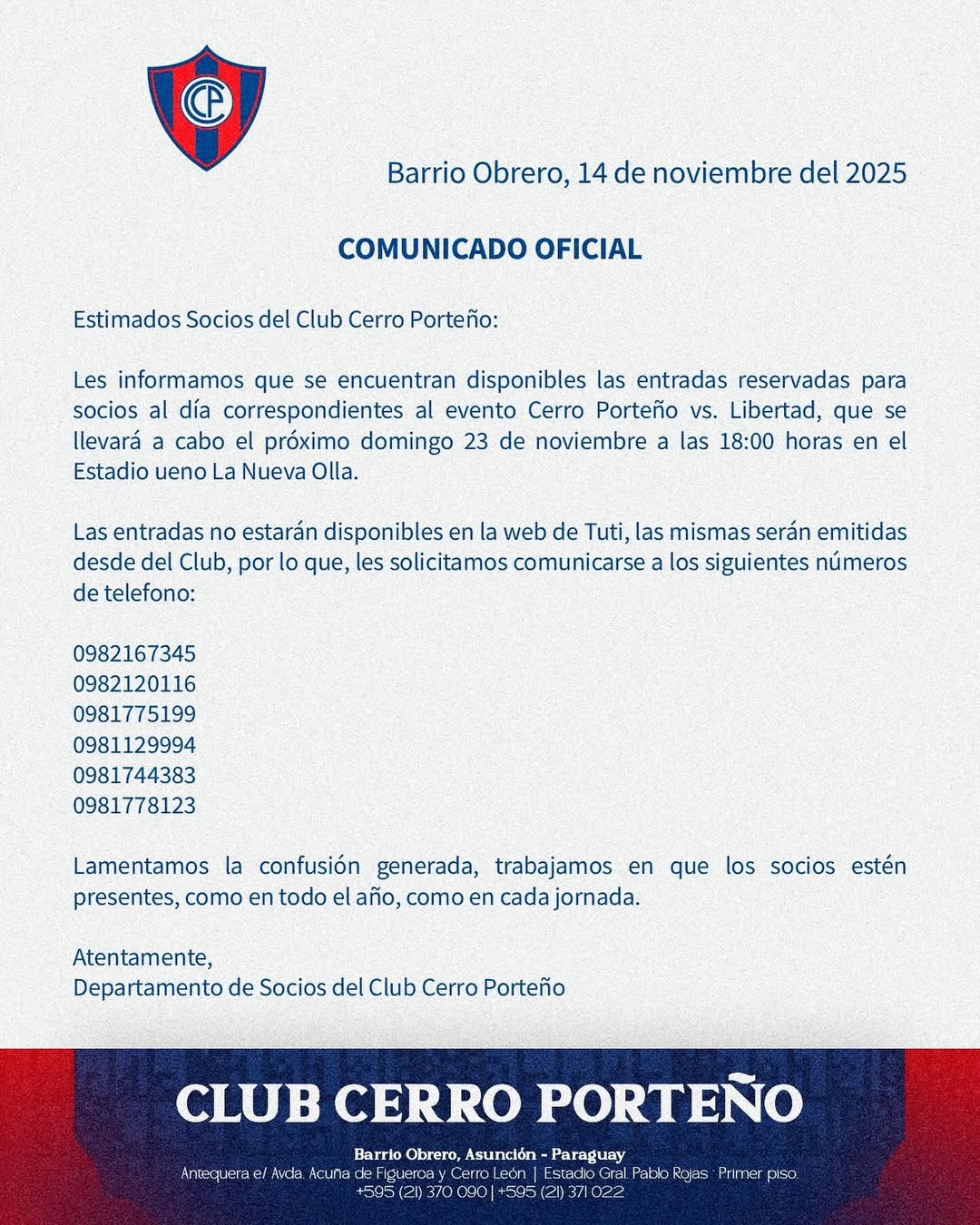 Popular / Ante plagueos, Cerro aclaró que guardaron entradas para socios